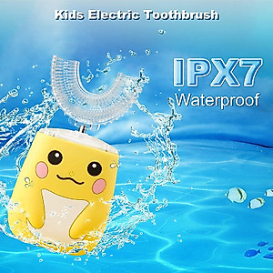 Kids Electric Toothbrush, U Shaped Ultrasonic Automatic Tooth Brush, Toothbrush with 2 Brush Heads, Six Cleaning Modes, IPX7 Waterproof, Cartoon Modeling Design for Toddler Children, Age 8-15 Yellow