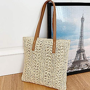 ZLM BAG US Women Straw Crochet Tote Bohemian Summer Beach Bag Large Handmade Shoulder Bag (Beige)