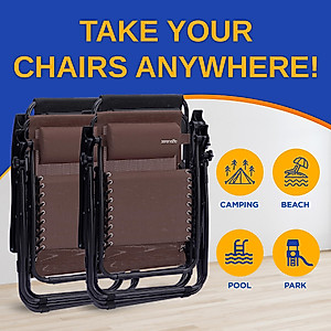 SereneLife SLZGHBRW22.5 Outdoor Adjustable Zero Gravity Lounge Chair Recliners with Plastic Cup Holder Side Table and Padded Headrest Pillows, 2 Pack, (Brown), Chocolate