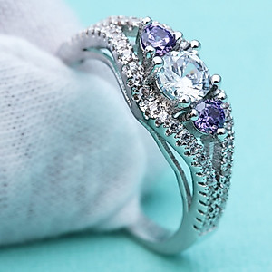 Bcughia Ring CZ Gemstone, Woman Rings Silver Copper White Round Gemstone Hollow Round Light Purple White Engagement Ring Gift Size 8
