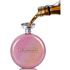 Cute Liquor Flask for Women, Junya 304 Stainless Steel,Pretty Glitter Coating Whiskey Flasks,Shining Rhinestone Cap,Portable Wine Flask for Drink Bar BBQS and Traveling,Capacity 5 oz (Pink)