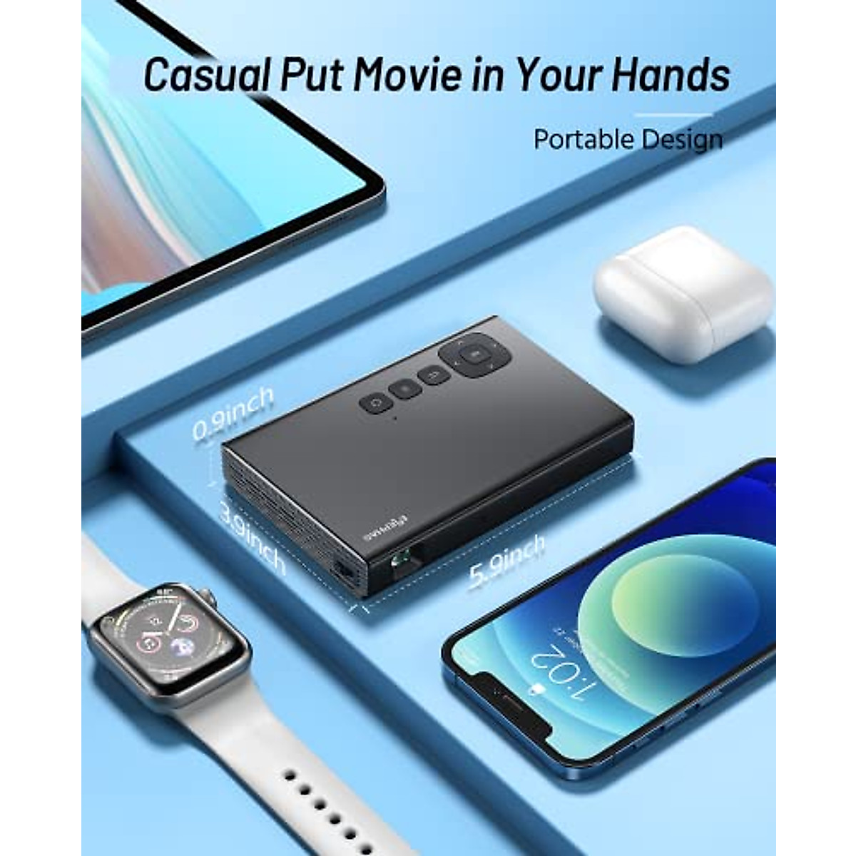 Mini Projector with WiFi and Bluetooth, 1080P ELEPHAS Portable Projector Built in Rechargeable Battery/Speaker, 5G Wireless DLP Little Pico Pocket Outdoor Video Home Movie Projector Compatible iPhone