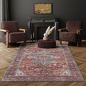 Adiva Rugs Machine Washable 5x7 Area Rug with Non Slip Backing for Living Room, Bedroom, Bathroom, Kitchen, Printed Vintage Home Decor, Floor Decoration Carpet Mat (Terra, 5' x 7')