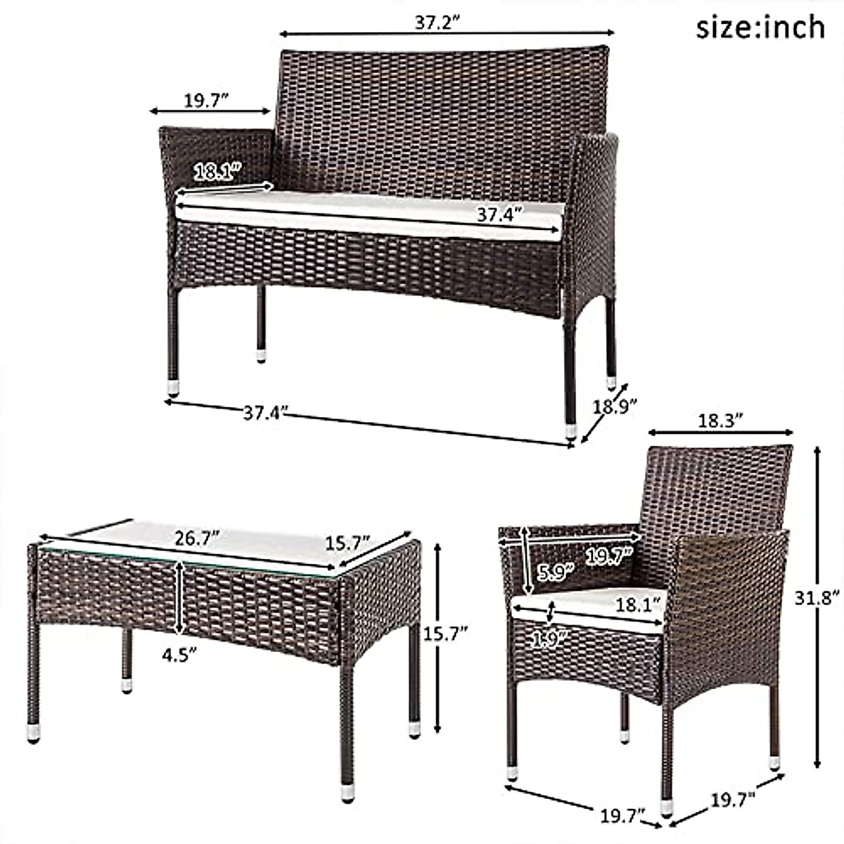 4 PCS Outdoor Garden Rattan Patio Furniture Set Backyard Cushioned Seat Wicker Sofa Kit Brown