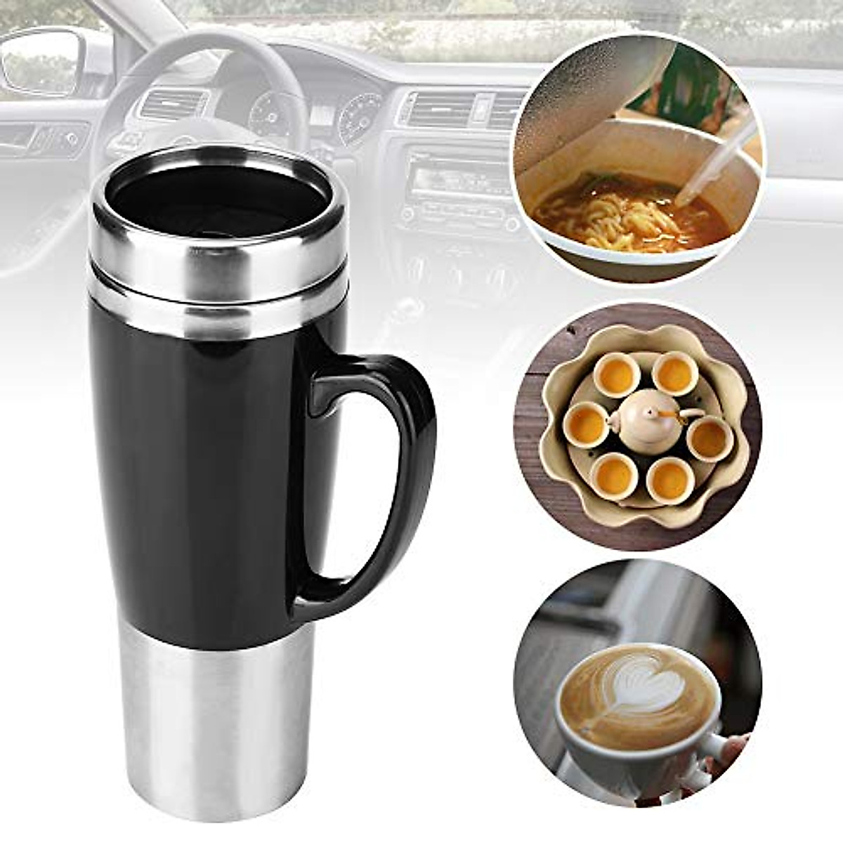 Car Electric Kettle, Car Electric Stainless Steel Heating Cup Coffee Tea Drinking Cup Mug Black for Winter Travel (12V)