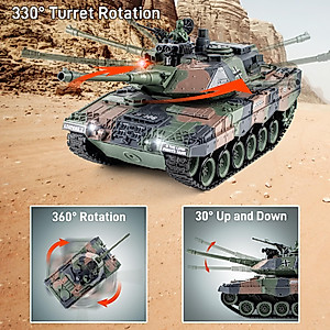 Supdex 1:18 RC Tank, 2.4Ghz German Leopard II Remote Control Tank Model Toys, Battle Army Tank 15 Channel with Smoke Light and Sound, Military Toy for Adults and Kids That Shoots BBS and Water Bombs