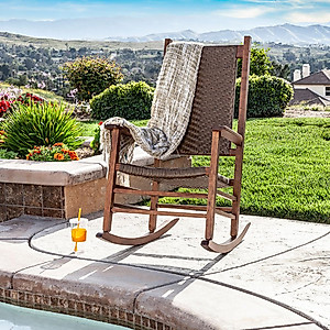 Shine Company Set of 2 Hampton Porch Rockers, High Back Wood Rocking Chairs, Rattan Backrest & Seat, 2-Pack, Oak