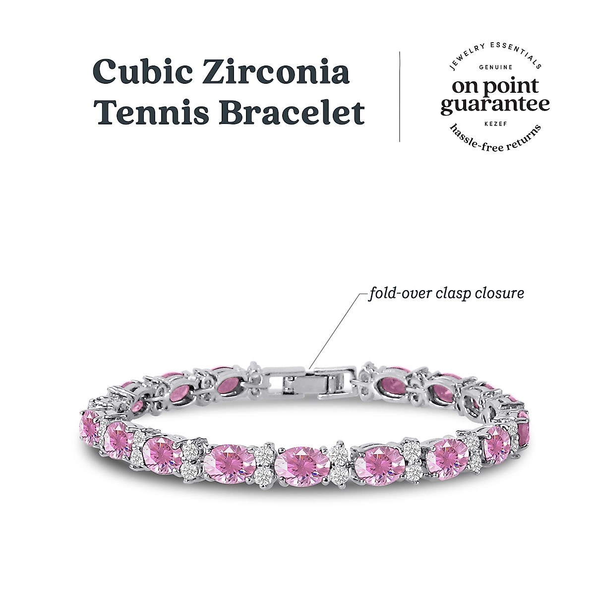 KEZEF Tennis Bracelets For Women - Cubic Zirconia - Oval 7x5mm Pink Gemstones - Round 2.50mm White CZ - Silver Plated Brass - 7 Inch - Hypoallergenic Bracelets
