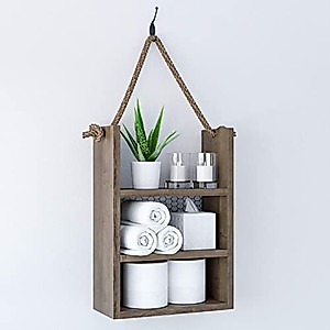 SFC Rustic Wood Bathroom Shelf Over Toilet, Bathroom Decor, Bathroom Shelves Wall Mounted, Rustic Bathroom Decor, Rustic Shelves, Farmhouse Bathroom Decor, Ladder Style Rope Hanging Shelf (Small)