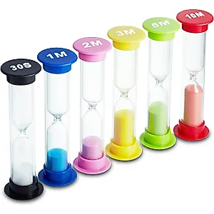 Sand Timer 6 Colors Hourglass Sandglass Sand Clock Timer 30sec / 1min / 2mins / 3mins / 5mins / 10mins (Pack of 6). for Classroom Game Home Office, Toothbrush Timer for Children Kids