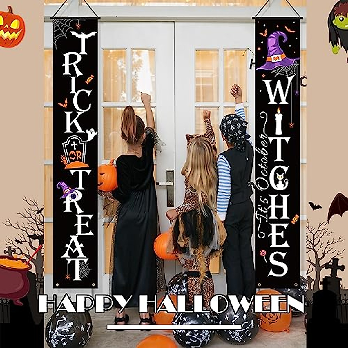Preboun 3 Pairs Halloween Thanksgiving Christmas Porch Signs Banners Hanging Front Porch Door Decorations for Outside Yard Garland Party Supplies