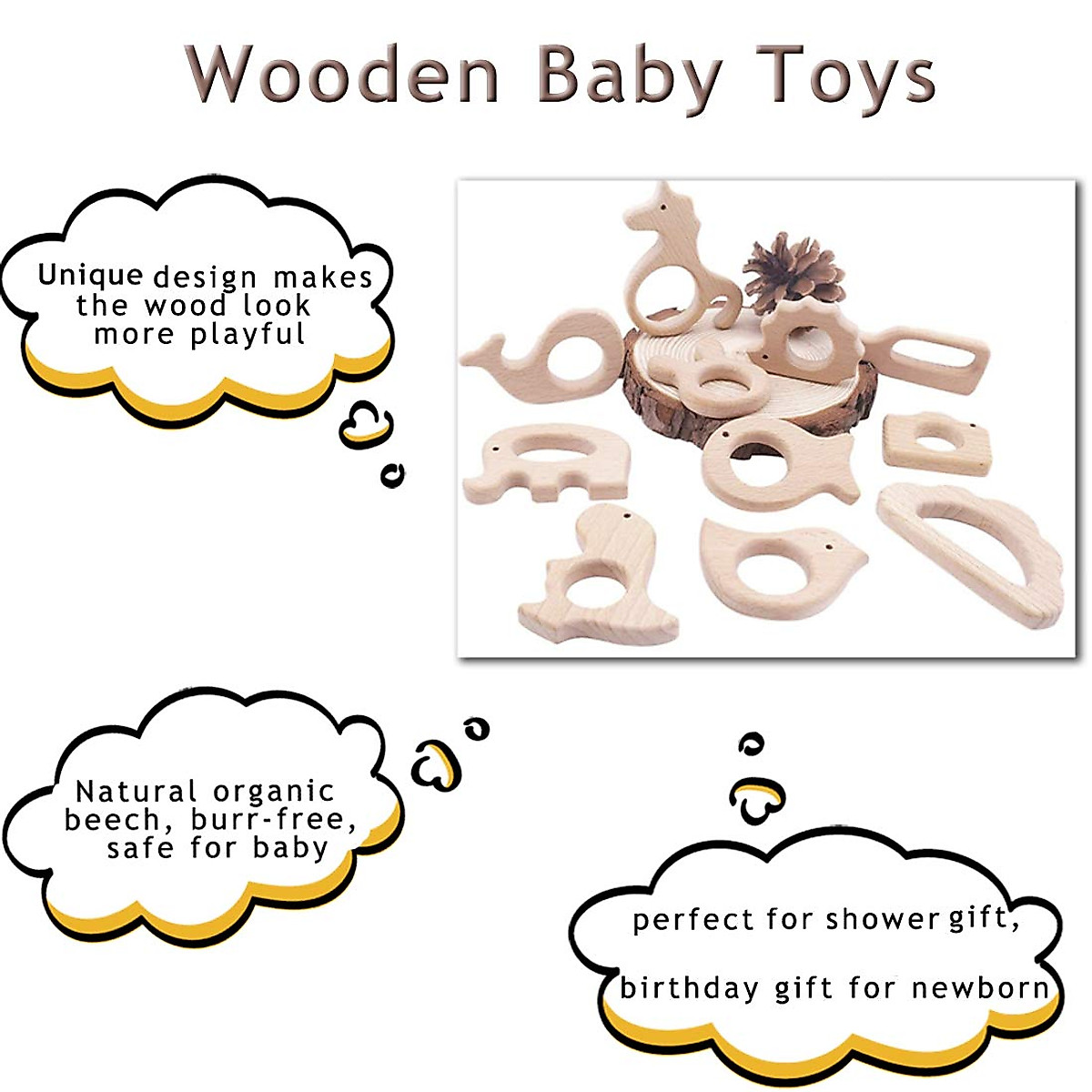 Promise Babe Wooden Baby Toys 11pc Bird Elephant Wood Montessori Toys Organic Infant Handmade Pendant Rings Set Shower GIFT