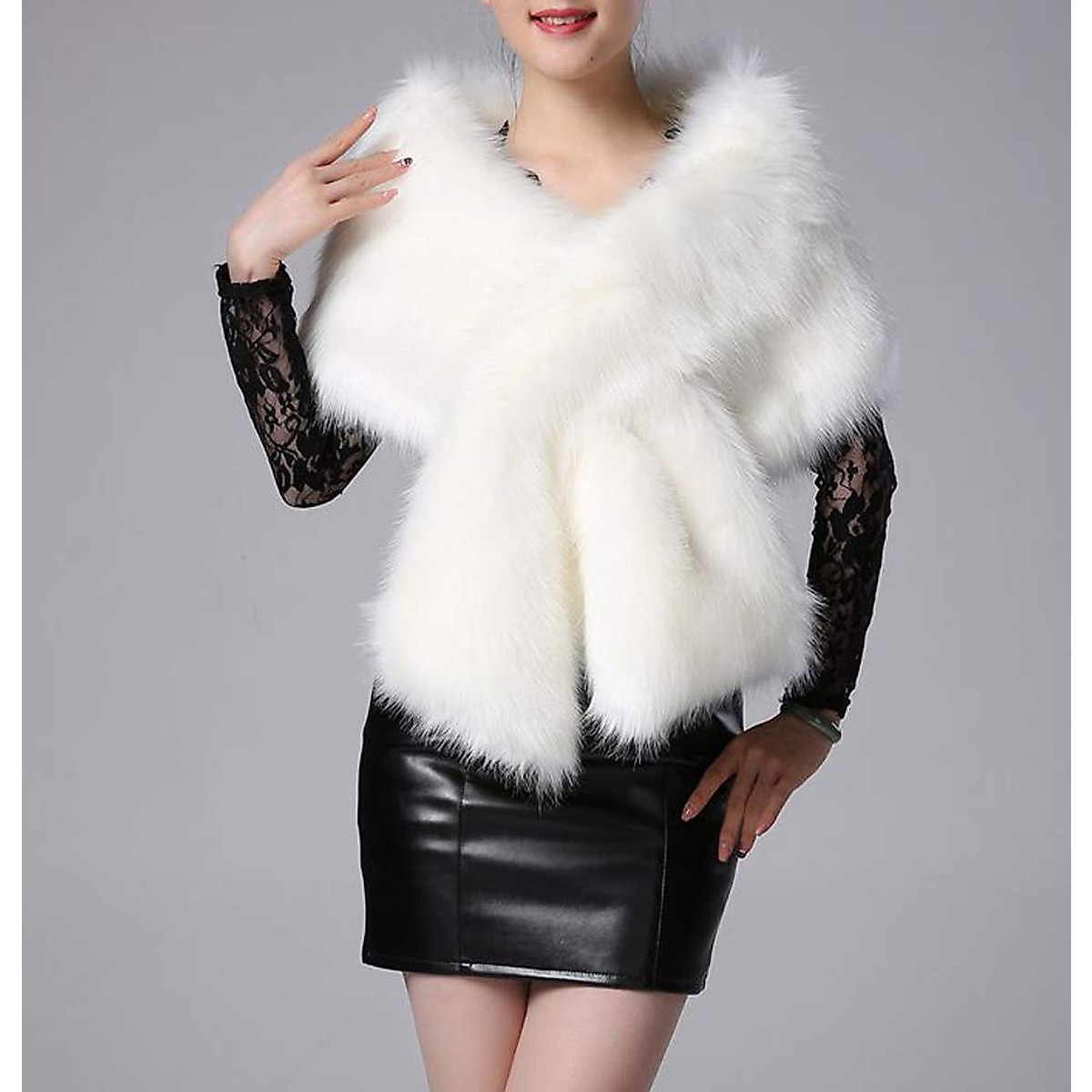 KAMA BRIDAL Women Long Faux Fur Shawl Bridal Stole Cover Up Winter Soft Bolero Scarf Beige