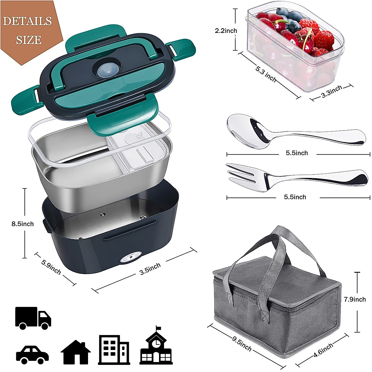 Portable Electric Lunch Box with Fast Charger, Mini Microwave Food Warmer for Adults, 1.5L Stainless Steel Food Containers, 60W Leak Proof Food Warmer 110V 12V 24V for Truck Home Office - Grey
