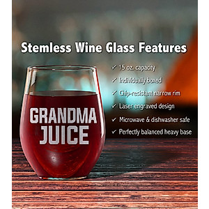 Promotion & Beyond GRANDMA JUICE Stemless Wine Glass - Funny Gift for Grandmother From Daughter Son Husband - Mother's Day