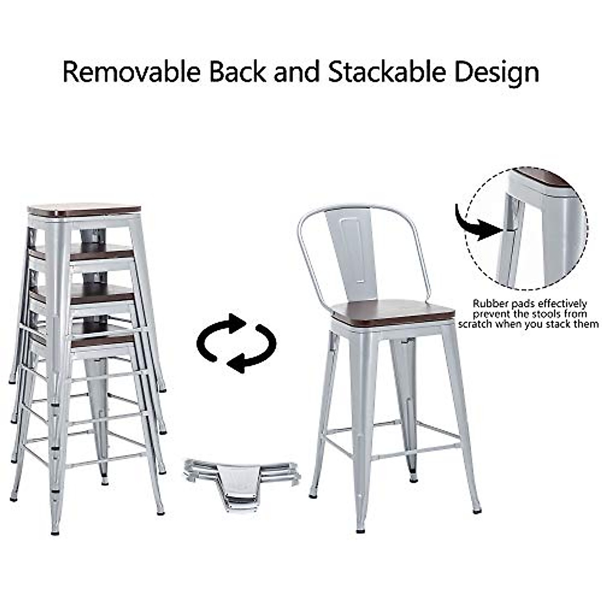 Andeworld Metal Bar Stools Counter Height Stools Dining Chairs High Back Industrial Barstools Set of 4 (30inch,Silver)