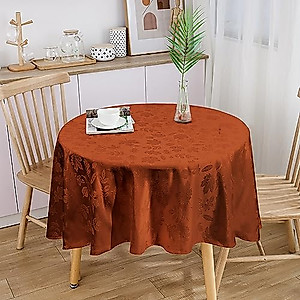 Hexagram Fall Tablecloth Round, Thanksgiving Tablecloth 70 Round inch, Jacquard Rust Maple and Fall Leaves Fabric Kitchen Table Decorations for Home