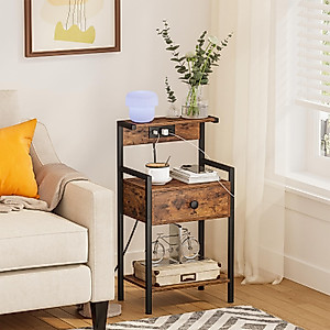 Snughome End Table with Charging Station, 3 Tier Side Table with Open Storage Shelves, Bedside Tables with Drawer, Nightstand with USB Ports & Outlets for Bedroom, Living Room