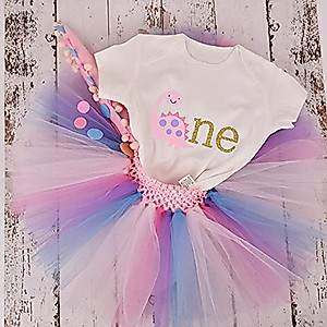 Gouldianfinch Infant Baby Girls 1st Birthday Outfits Dinosaur Printed Romper + Tutu Skirt with Tail Toddler Princess Dress (12-18M)