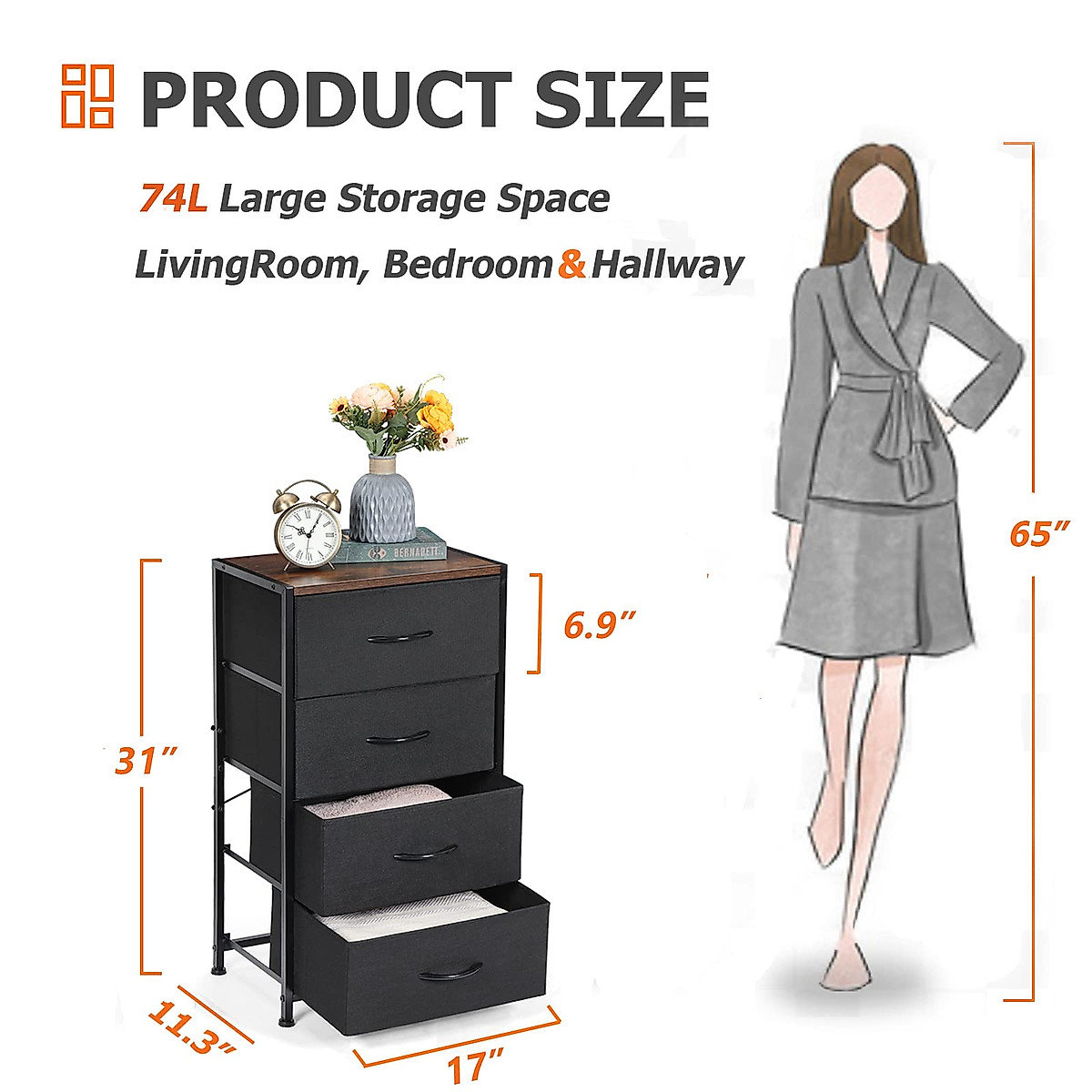 LIANTRAL Dresser for Bedroom, Fabric Dresser with 4 Drawers, Small Chests of Drawers for Closet, Living Room, Hallway, Entryway, Dorm, Storage Tower with Sturdy Steel Frame & Wood Top, Black