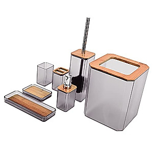 FIYO 7 Pcs Bamboo Bathroom Accessories Set, Bath Accessories Set with Soap Dish, Toothbrush Holder, Cup, Soap Dispenser, Trash Bin, Toilet Brush with Holder for Home Hotel(Grey)