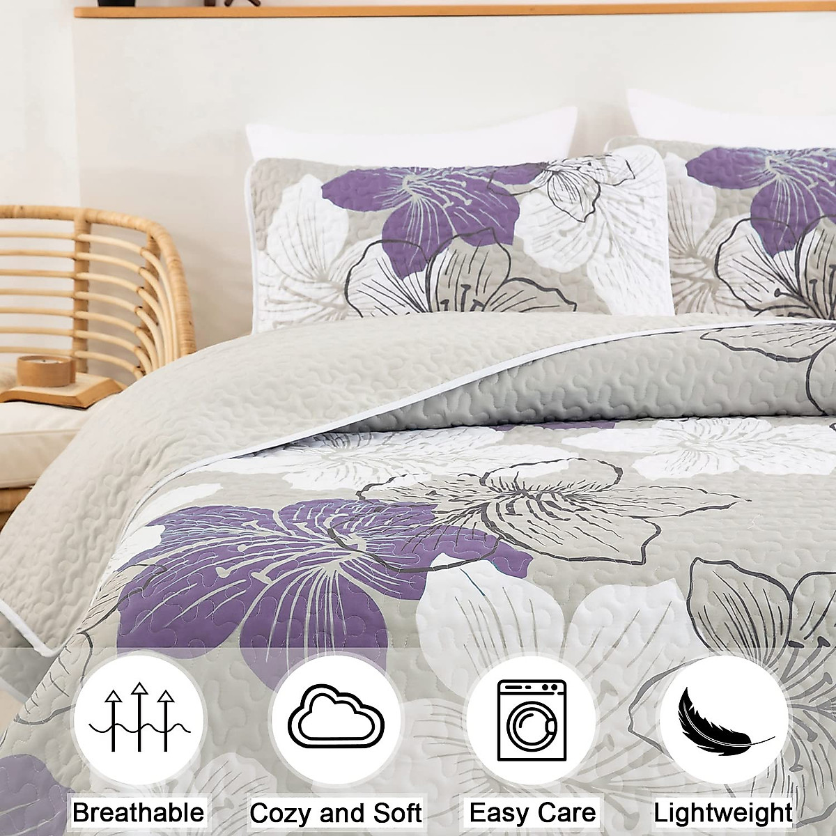 DJY 3 Pieces Quilt Set King Purple Lily Pattern Quilt Coverlet Set Boho Floral Bedspread with 2 Pillow Shams Lightweight Microfiber Elegant Bedding Quilt Set All Season (Purple, 104"x90")