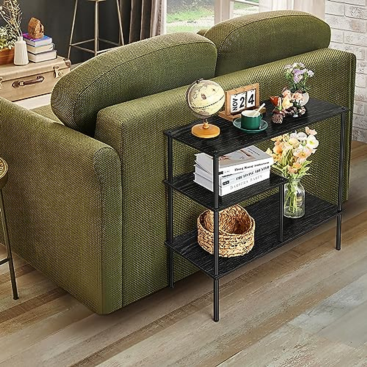 Black Console Table 31.5'' Narrow Entryway Table for Entry Industrial Sofa Tables with 3-Tier Storage Shelves for Living Room, Foyer, Hallway Table Entrance Table