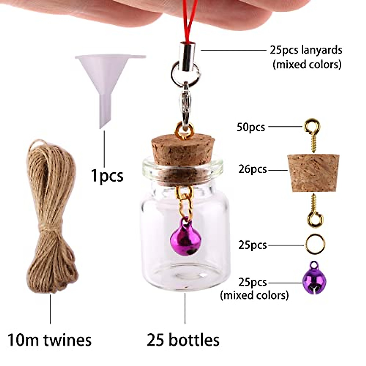 maxmau 25pcs Small Glass Bottles with Cork Stoppers DIY Art Craft Storage 5ml Mini Glass Vials,Tiny Jars for Wedding Party Favors Home Decoration with Connection Accessories Twine Bell