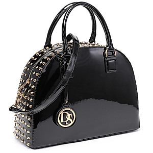 Dasein Women Patent Leather Purses Handbags Dome Satchel Purse Work Tote Structured Shoulder Bag with Long Strap (Black)