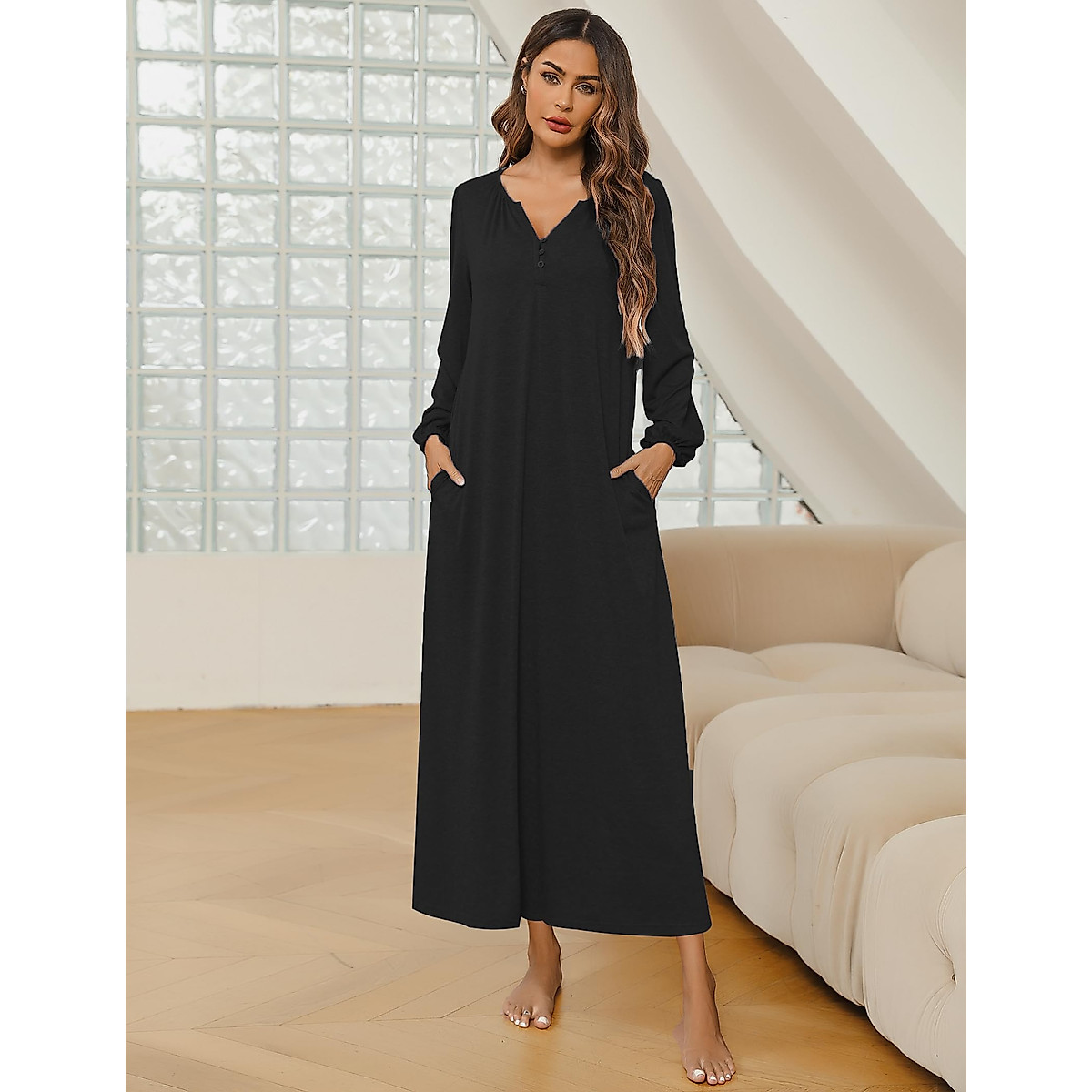 Marvmys Womens Cotton Long Night Gown Long Sleeve Nightshirt Sleepwear with Pockets Black L