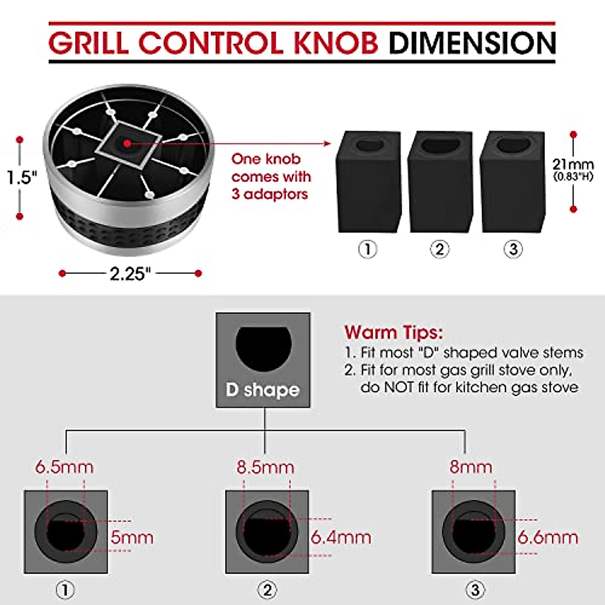 Unicook Grill Control Knobs Replacement 2 Pack, Gas Grill Burner Knob Kit, Fits BBQ Gas Grills with D Shaped Valve Stem, NOT Fit Kitchen or Recessed Flush Valve Stem, Include 2 Knobs and 6 Adaptors