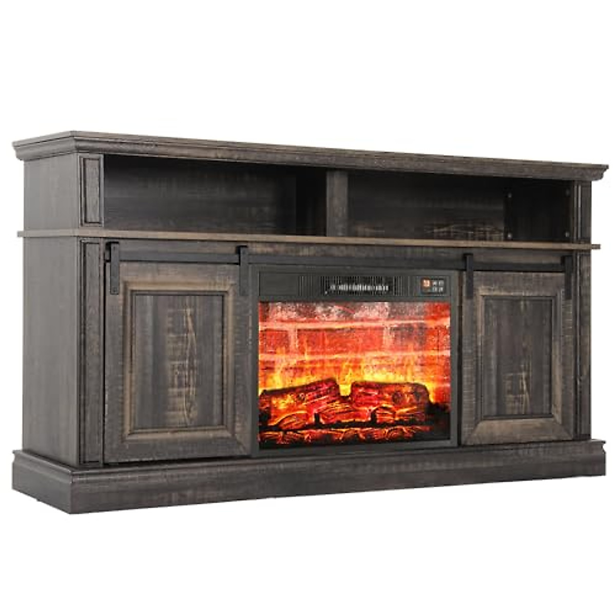 LGHM Farmhouse TV Console for 65 inch TV, Dark Rustic Oak Entertainment Center with Electric Fireplace, Sliding Barn Door