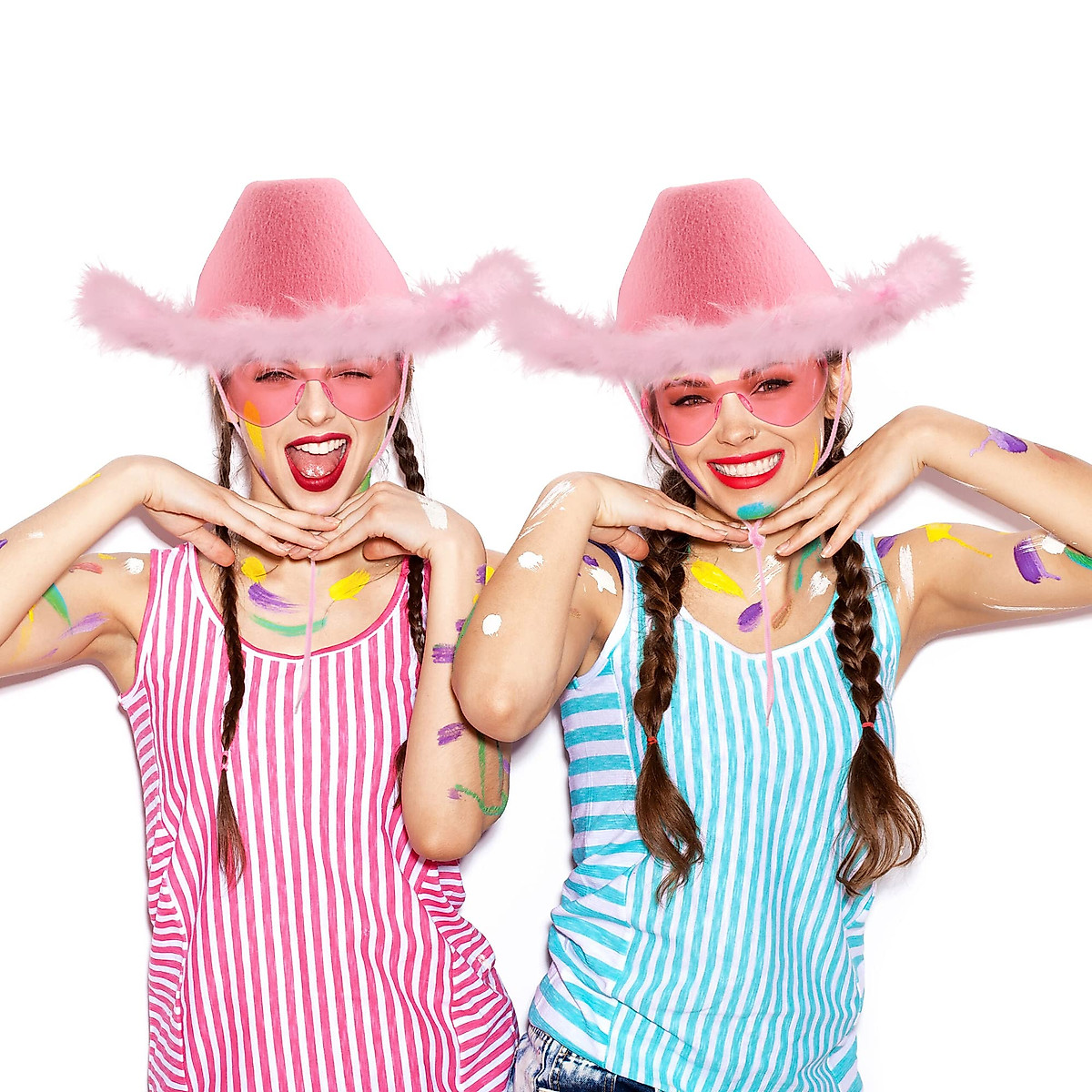 Rcanedny 4 Pack Cowboy Hat Western Women Cowboy Hat with Feathers Pink Feather Cowgirl Hat with Adjustable Neck Draw String for Adult Birthday Gifts Halloween Party Costume (color set 2)