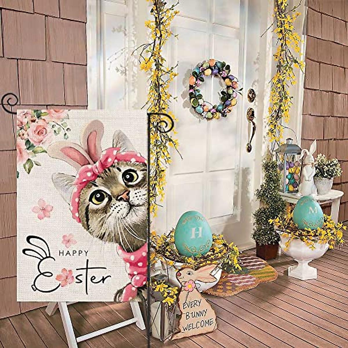 Happy Easter Cat Garden Flag for Outdoor,Cat with Bowknot Flowers Small Yard Flag,Seasonal Decors for Spring Farmhouse Holiday Outside 12x18 Double Sided