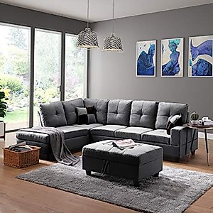 OPTOUGH L-Shape Fabric Sectional Couch for Living Room,Left Consort Sofa with Moveable Storage Ottoman and Two Pillows, Gray