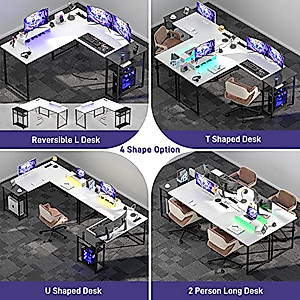 Cyclysio L Shaped Desk with Power Outlets and USB Ports, Reversible L Shaped Gaming Computer Desk with LED Light, 83.5'' Large 2 Person Desk with Monitor Stand, L-Shaped Corner Desk, White and Black