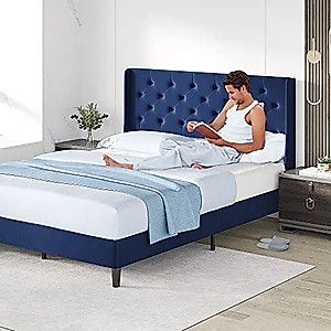 IDEALHOUSE Queen Size Bed Frame with Wingback, Upholstered Platform Bed with Diamond Tufted Headboard, Wooden Slats Support, Easy Assembly, Noise-Free, No Box Spring Needed, Dark Blue