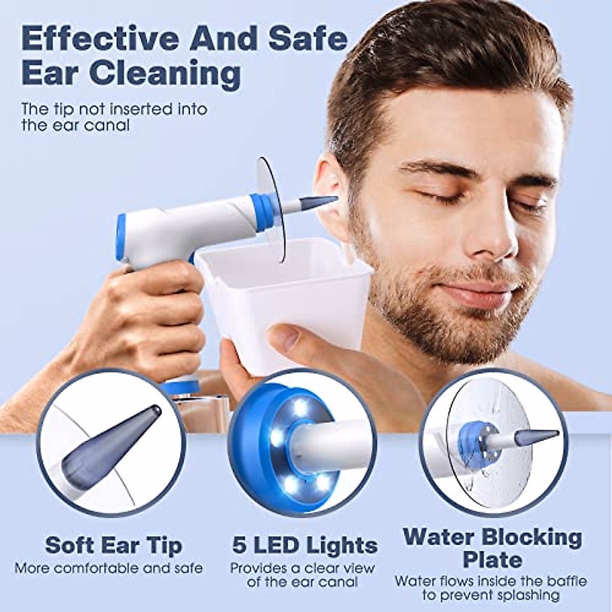 Ear Wax Removal, Electric Ear Cleaning Kit with Light, Ear Irrigation Kit with 4 Pressure Modes, Safe and Effective Ear Flush Kit with Ear Cleaner - Includes Basin, Towel & 15 Tips