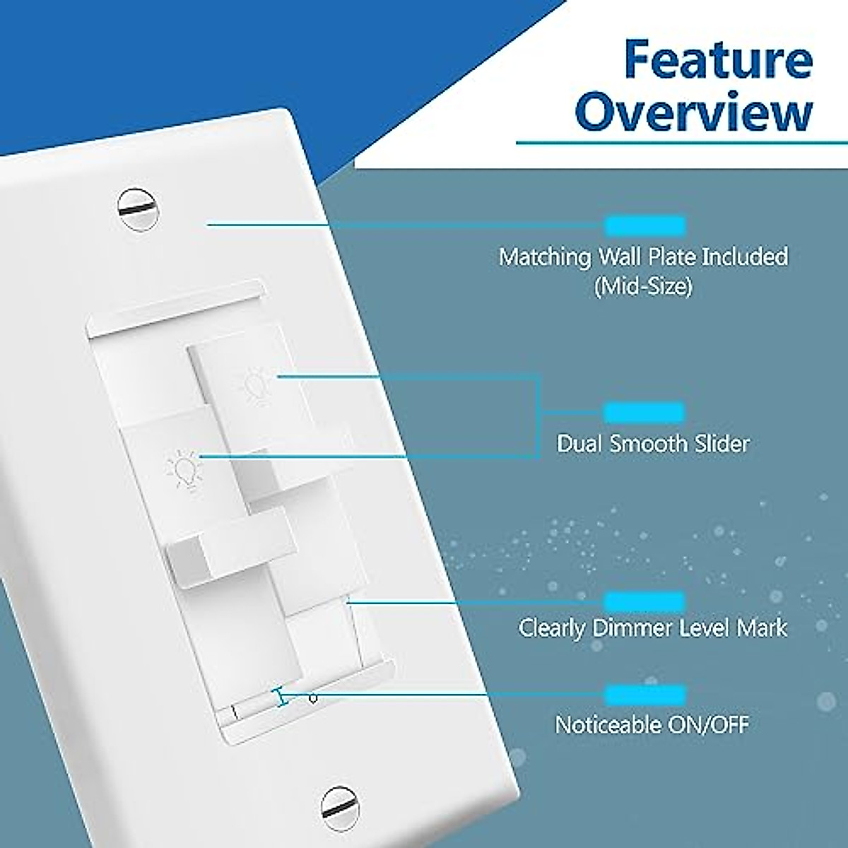 LIDER Combination Dual Dimmer Light Switch Control, 2 Sliding Light Controls, Single Pole, 400W CFL/LED, 600W Incandescent/Halogen, Wall Plate Included, White