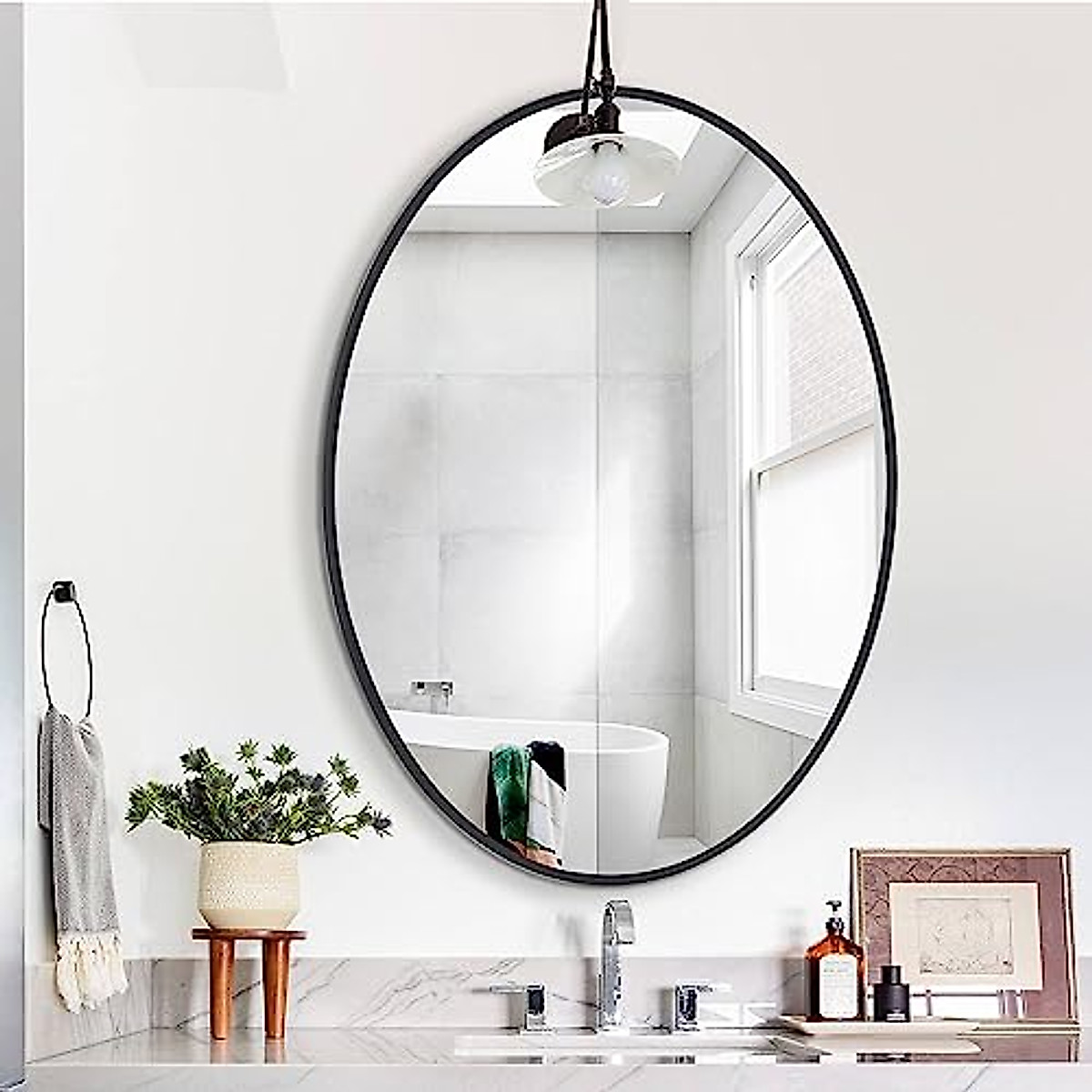 COFENY Oval Mirror, 20"x28" Black Bathroom Mirror with Metal Frame, Wall Mount Mirrors Decor Modern Hanging Mirror for Bedroom Living Room、Entryway