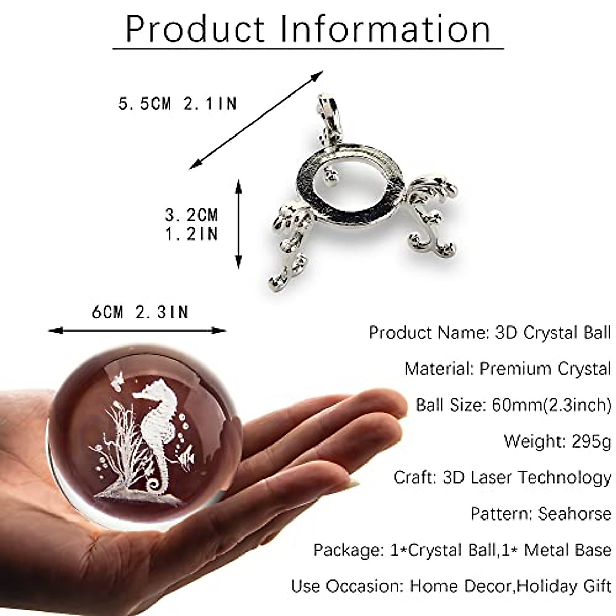 HDCRYSTALGIFTS 60mm(2.4inch) 3D Crystal Decorative Balls 3D Laser Engraved Crystal Seahorse Paperweight Full Sphere Glass Feng Shui Figurine with Silver-Plated Flowering Stand