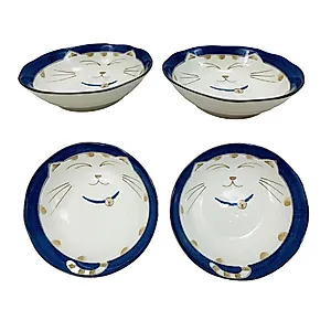 JapanBargain, Japanese Porcelain Shallow Soup Bowl for Dinner Lunch Rice Poke Donburi Udon Ramen Noodle Pasta Cereal Maneki Neko Lucky Cat Pattern for Cat Lovers Made in Japan, Blue (4, 6.75-inch)