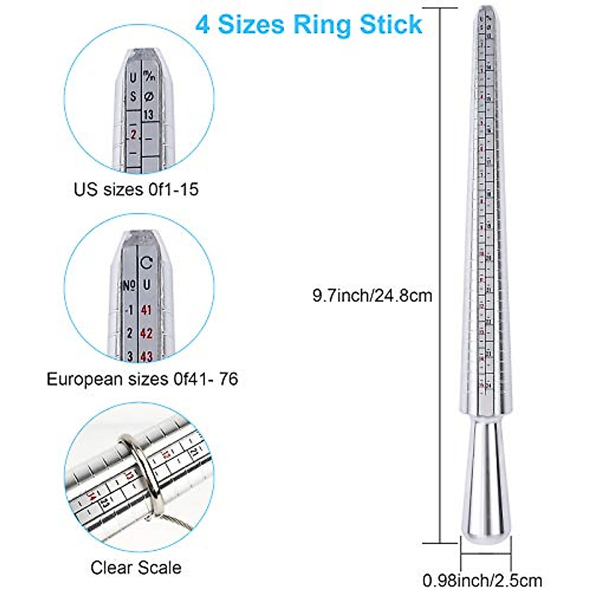 Ring Sizer Measuring Tool, Aluminum Ring Mandrel, 27 Pcs Premium Metal Ring Measurement Tool, Mens Womens Finger Gauge, 4 Sizes Ring Stick, 4 Pcs Polishing Cloth, US Ring Sizing Kit, by UUBAAR