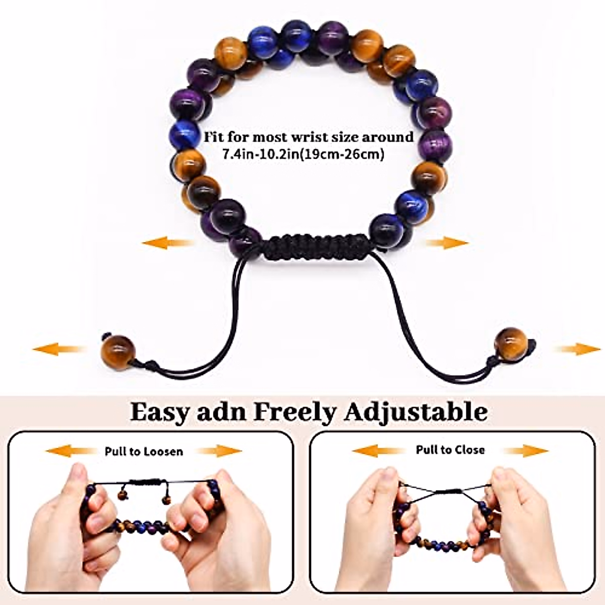 KOPHINYE Blue Tiger Eye Bracelet, Triple Protection Bracelet for Men Women, Handmade Bracelet 8mm Bead, Purple Tiger Eye Bracelet Bring Health, Luck and Prosperity