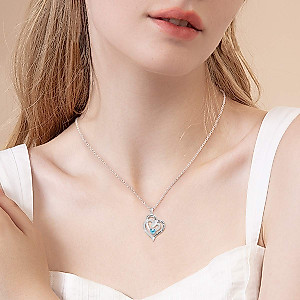 Distance Heart Necklace for Women 925 Sterling Silver Blue March Birthstone I Love You to The Moon and Back Necklaces for Valentines Day Birthday Mother Days' Jewelry Gift with Box