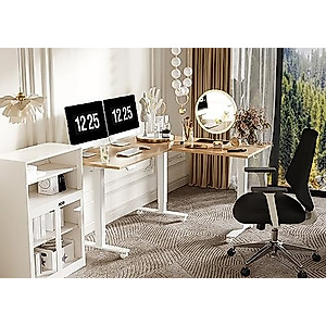 INNOVAR Solid Wood Triple Motor L Shaped Standing Desk, 63 x 55 inch Corner Stand Up Desk, Adjustable Height Home Office Desk, White Frame/Nature Top