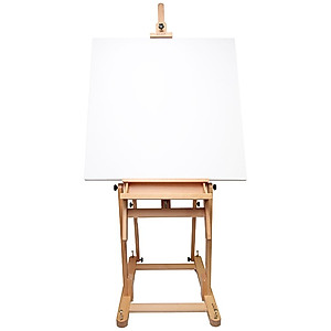 Mont Marte Tilting Studio Wooden Floor Easel. Height Adjustable Extra Large H-Frame Featuring a Large Tilt Range. Castor Wheels Allow Easy Movement and Can Be Locked into Place.