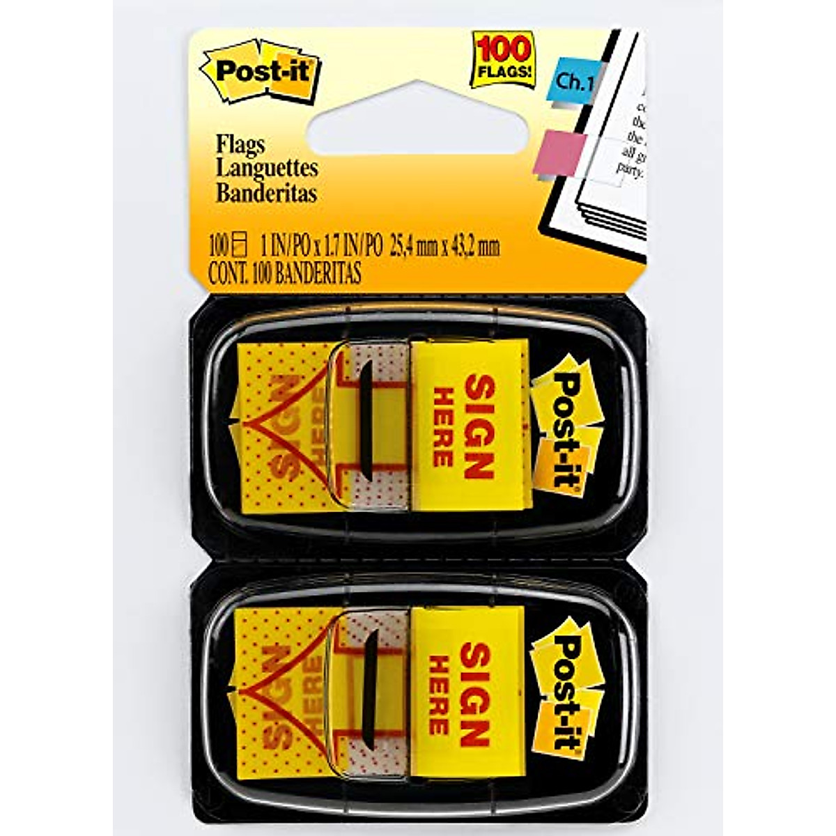 Post-it Message Flags, "Sign Here", 50/Dispenser, 2 Dispensers/Pack, 1 in Wide, Yellow (680-SH2)