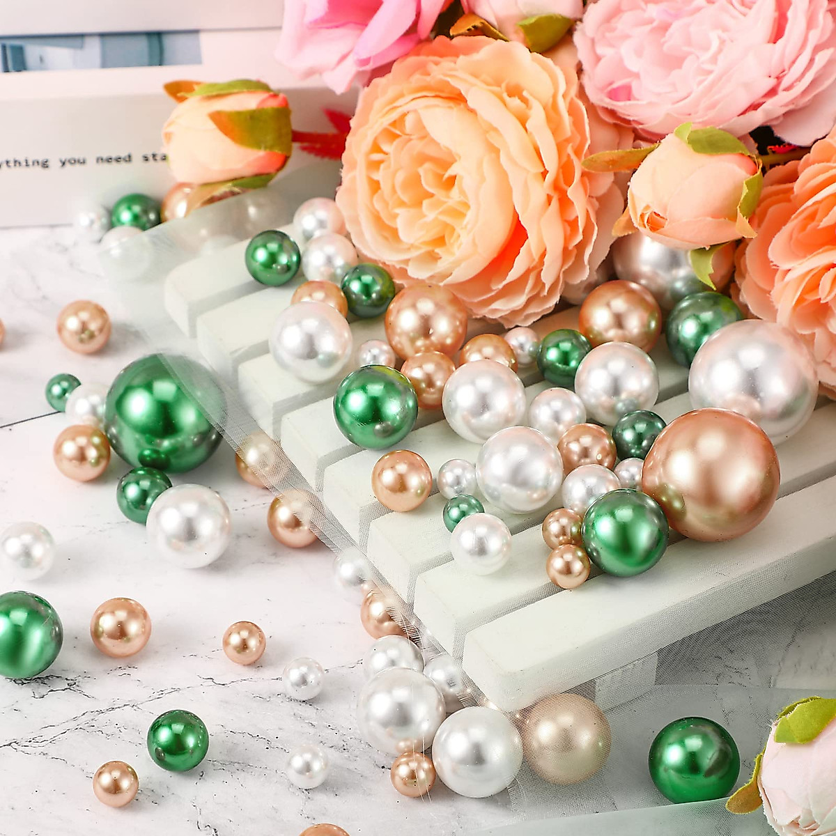 Jadive 200 Pieces Pearl for Vase Filler Pearl Beads Vase Centerpieces No Hole Pearl Vase Makeup Beads Brushes Holder for Home Wedding Table Decor, 10/14/20/30 mm(Gold, Green, White)