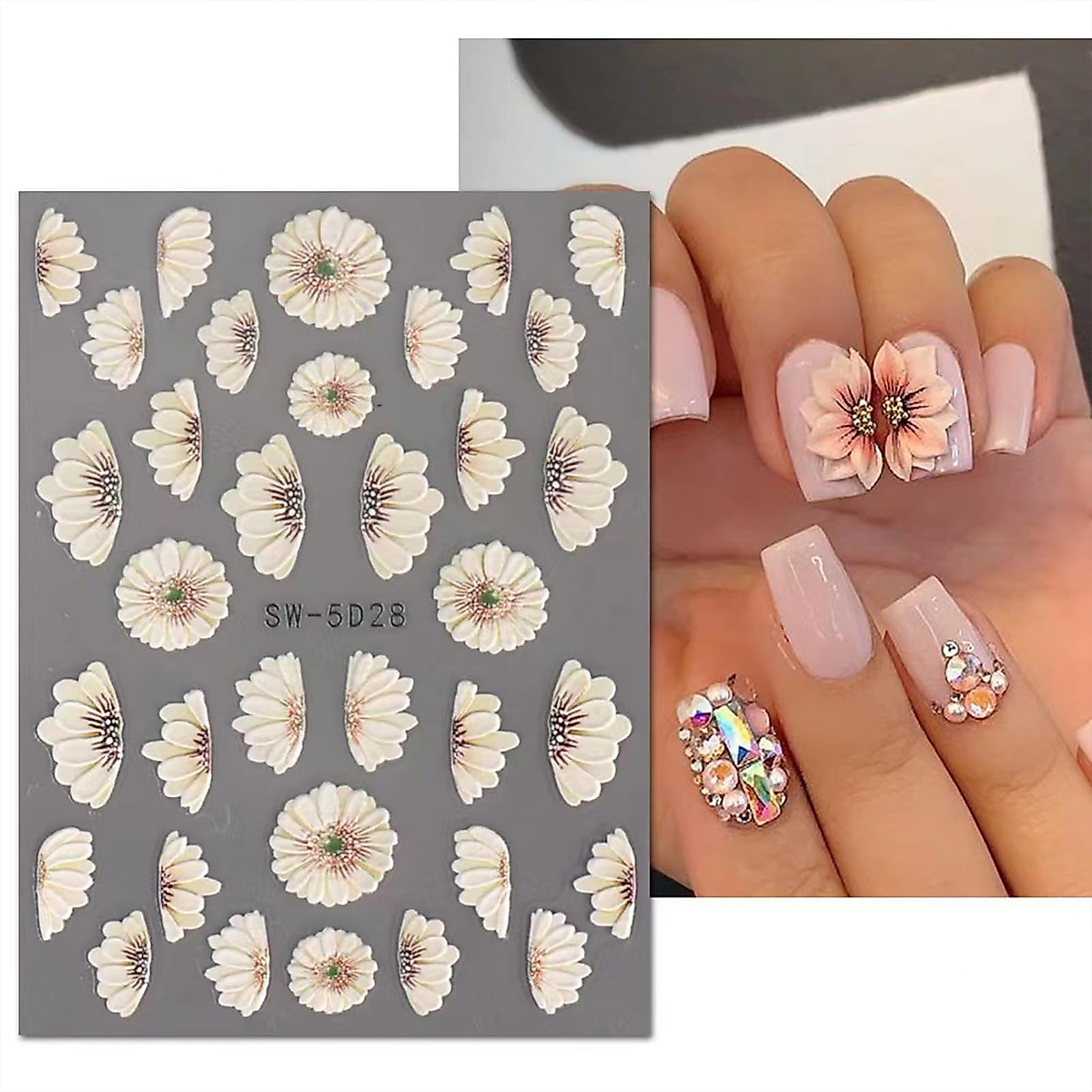 5D Engraved Sunflower Nail Art Stickers Decals Yellow Lotus Flower Acrylic Embossed Sliders Nail Art Supplies Summer Nail Stickers Manicure Decoration for Women Girls Nails Painting Charms Accessories